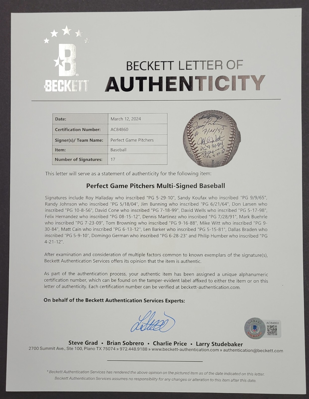 RARE Perfect Game Pitchers Signed Baseball Complete With 17 Sigs ...