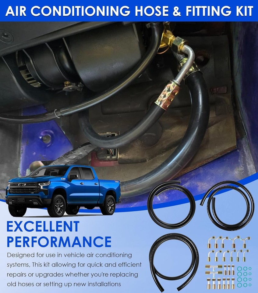 Universal A/C Air Conditioning AC Hose Kit Ext Length Hoses + Fittings ...