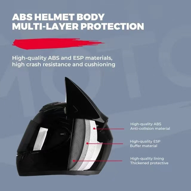 Full Face Helmet Motorcycle Motorbike Motor Helmets with Bat Ear Black ...