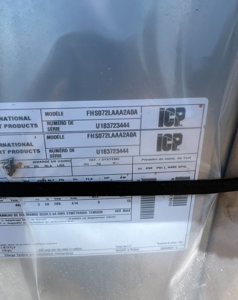 6 Ton ICP Air Handler 460v-3ph (2018) M# FHS072LAAA2A0A New Still In ...