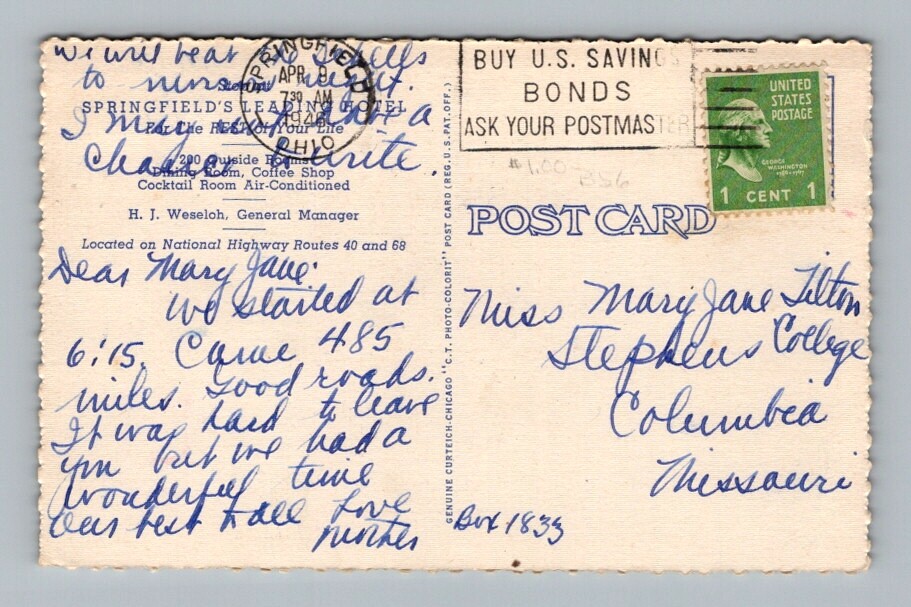 Hotel Shawnee Springfield Ohio 1946 Vintage Postcard | eBay