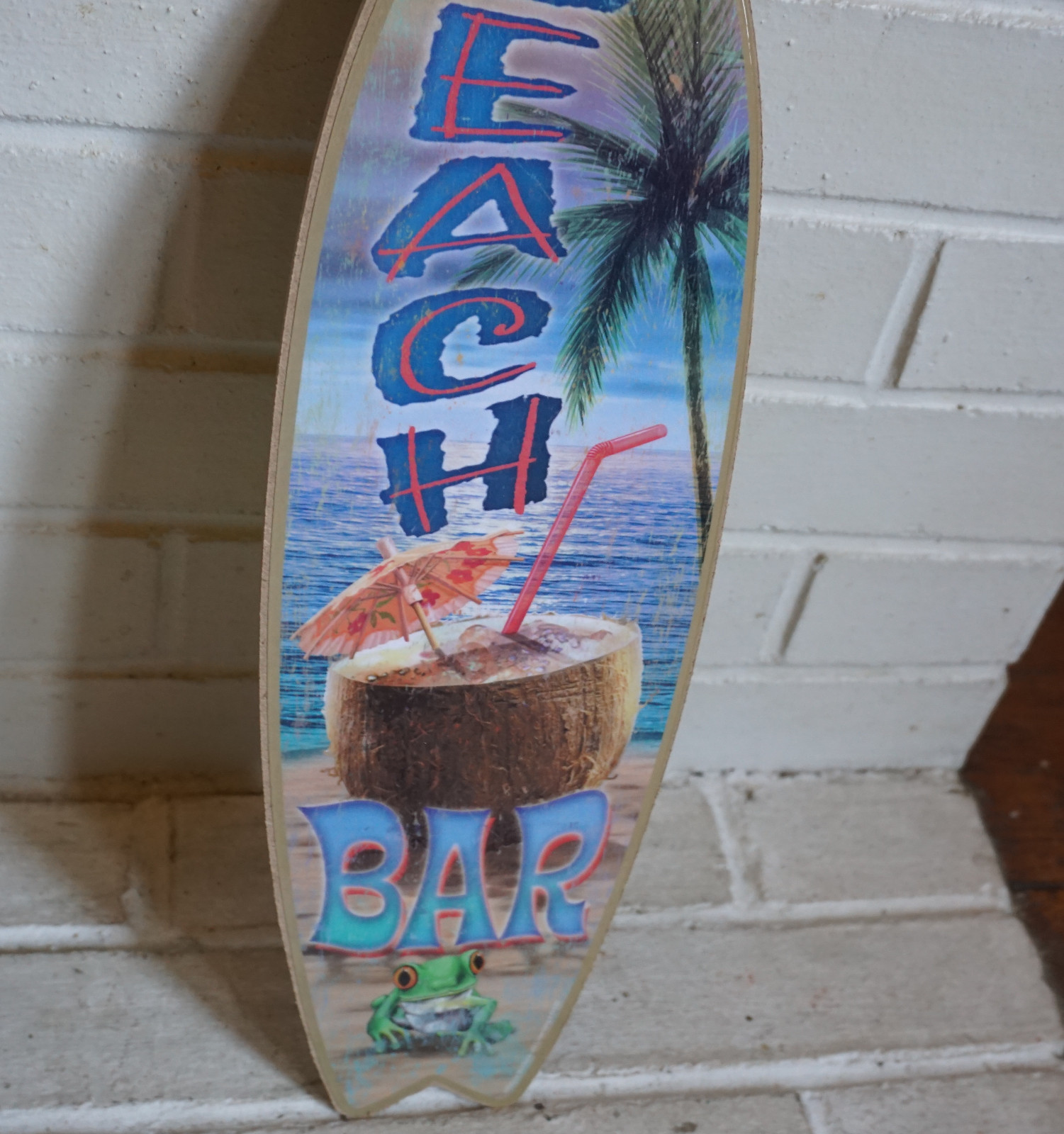BEACH BAR SURFBOARD SIGN Palm Tree Cantina Tiki Coconut Umbrella Drink ...