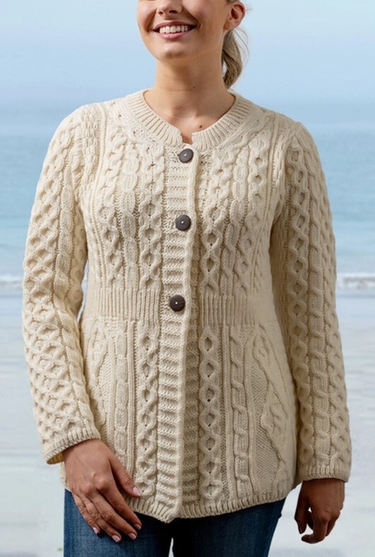 Aran Irish Button Cardigan Sweater Merino Wool Cable Knit Jacket Made ...