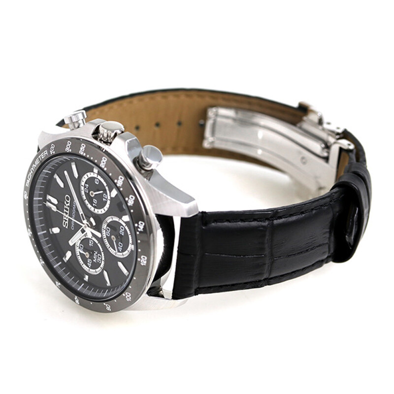 Seiko Spirit SBTR021 Black Dial Chronograph Quartz Leather Band Men ...