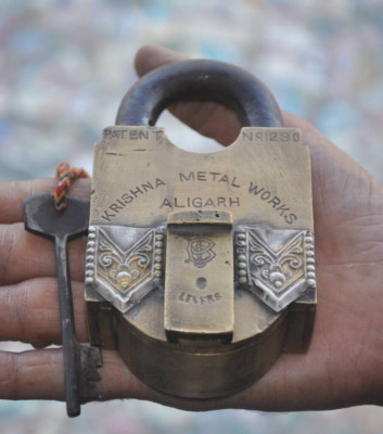 Vintage Heavy Brass Solid Krishna Metak Works Silver Fitted Padlock ...