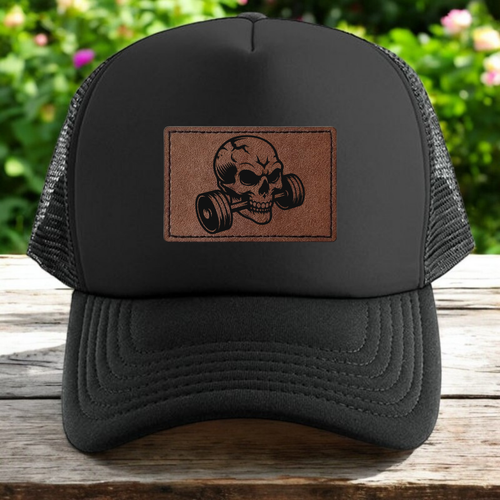 Skull dumbbell trucker hat mens O/S black snapback engraved gym weight ...
