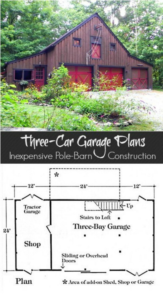 Three-Bay Car Barn Plans with Lofts: 3 Different Sets of Pole-Barn ...