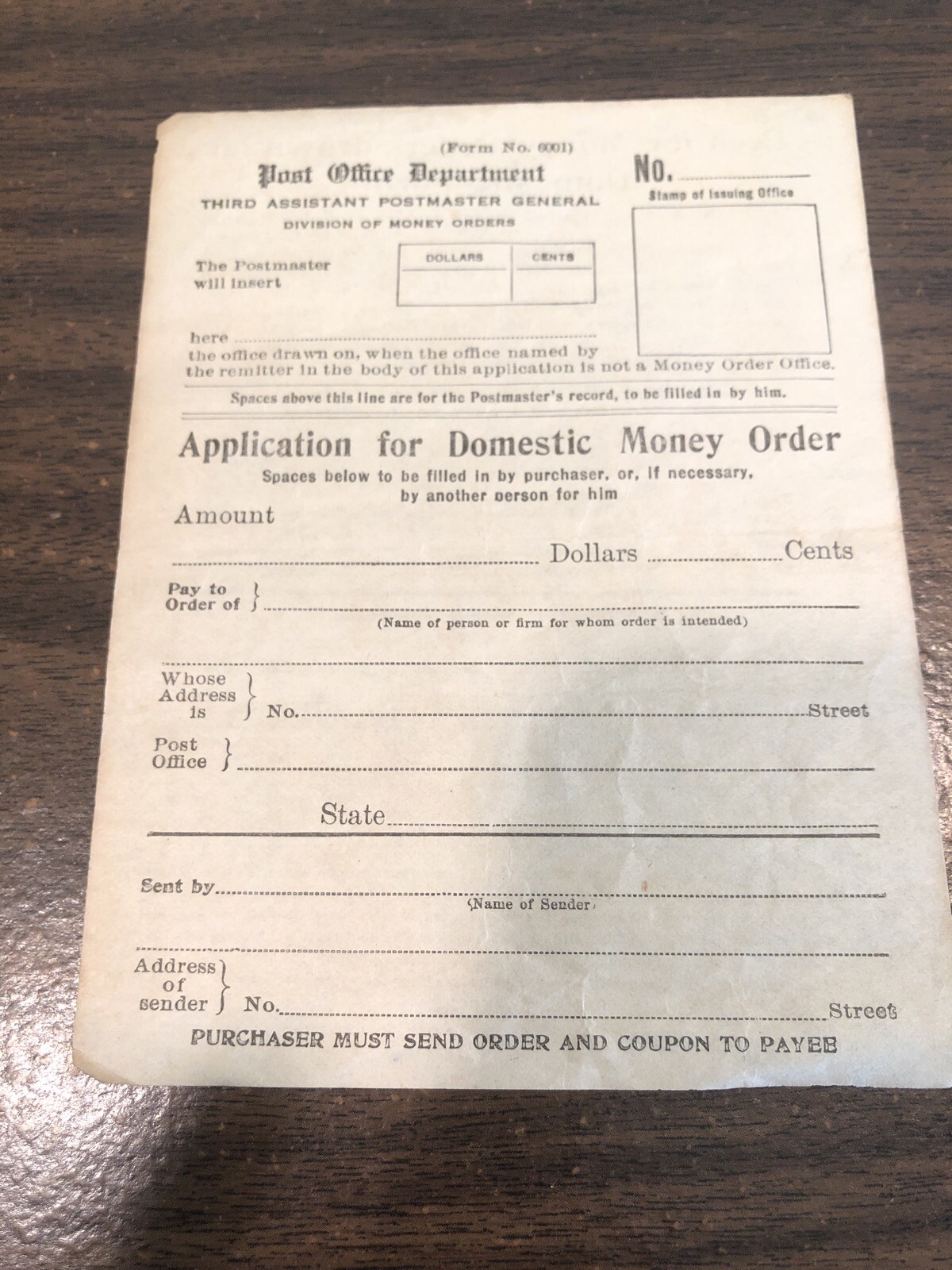 Antique 1912 Application for Domestic Money Order Fee List Post Office ...