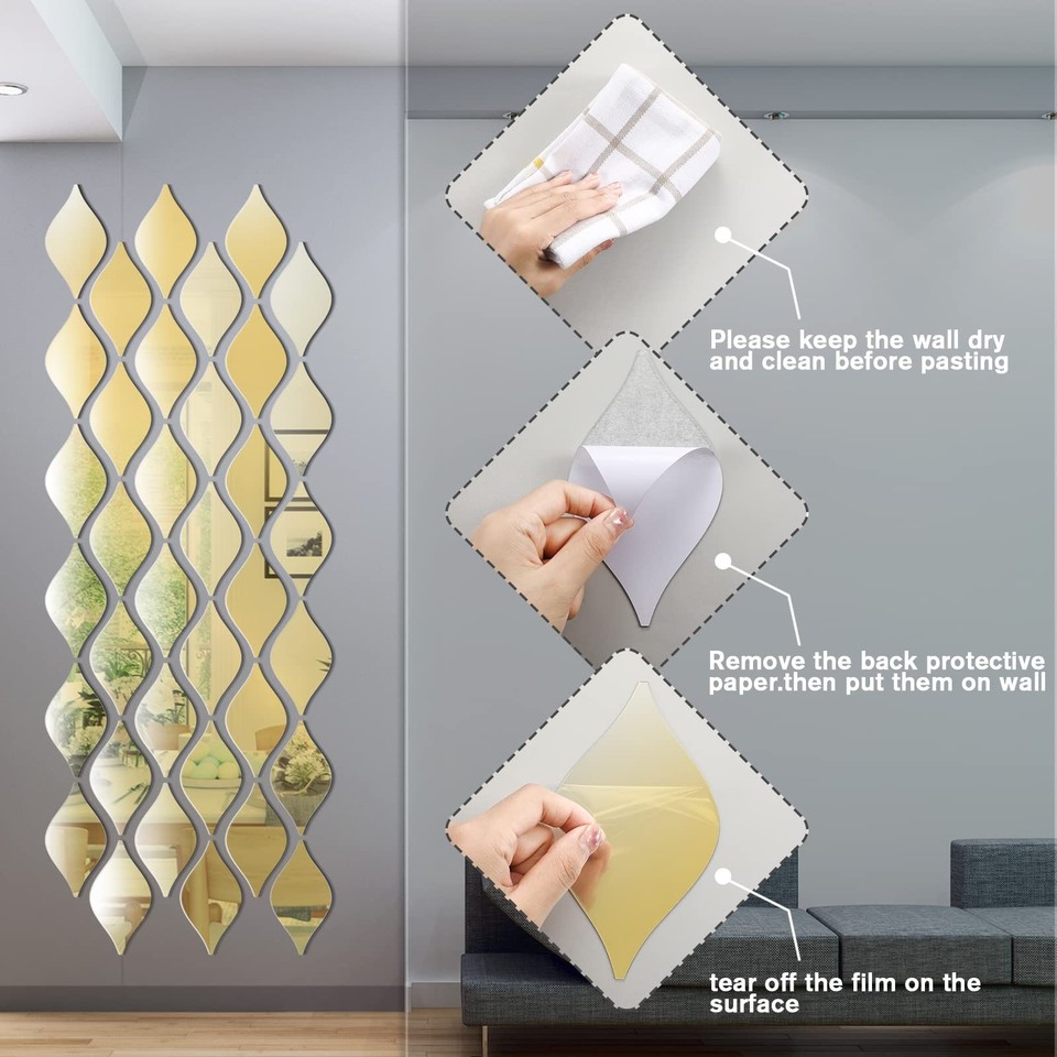 30 Pcs Mirror Wall Stickers Decor Acrylic 3D Tear Drop Decorative ...