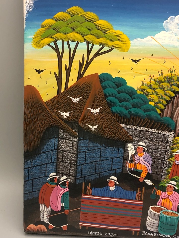Tigua Folk Art Ecuador Primitive Painting on Sheepskin by Olmedo Cuyo ...