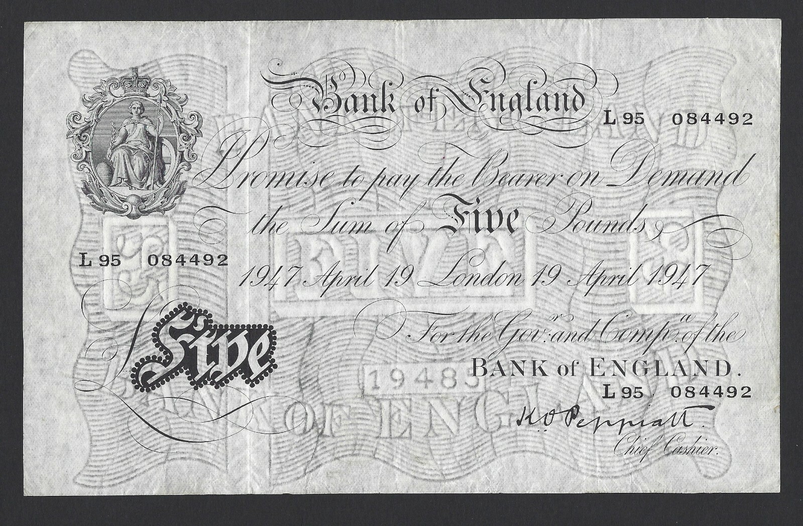 White Fiver £5 Banknote K O Peppiatt Thin Paper L95 prefix 19th April ...