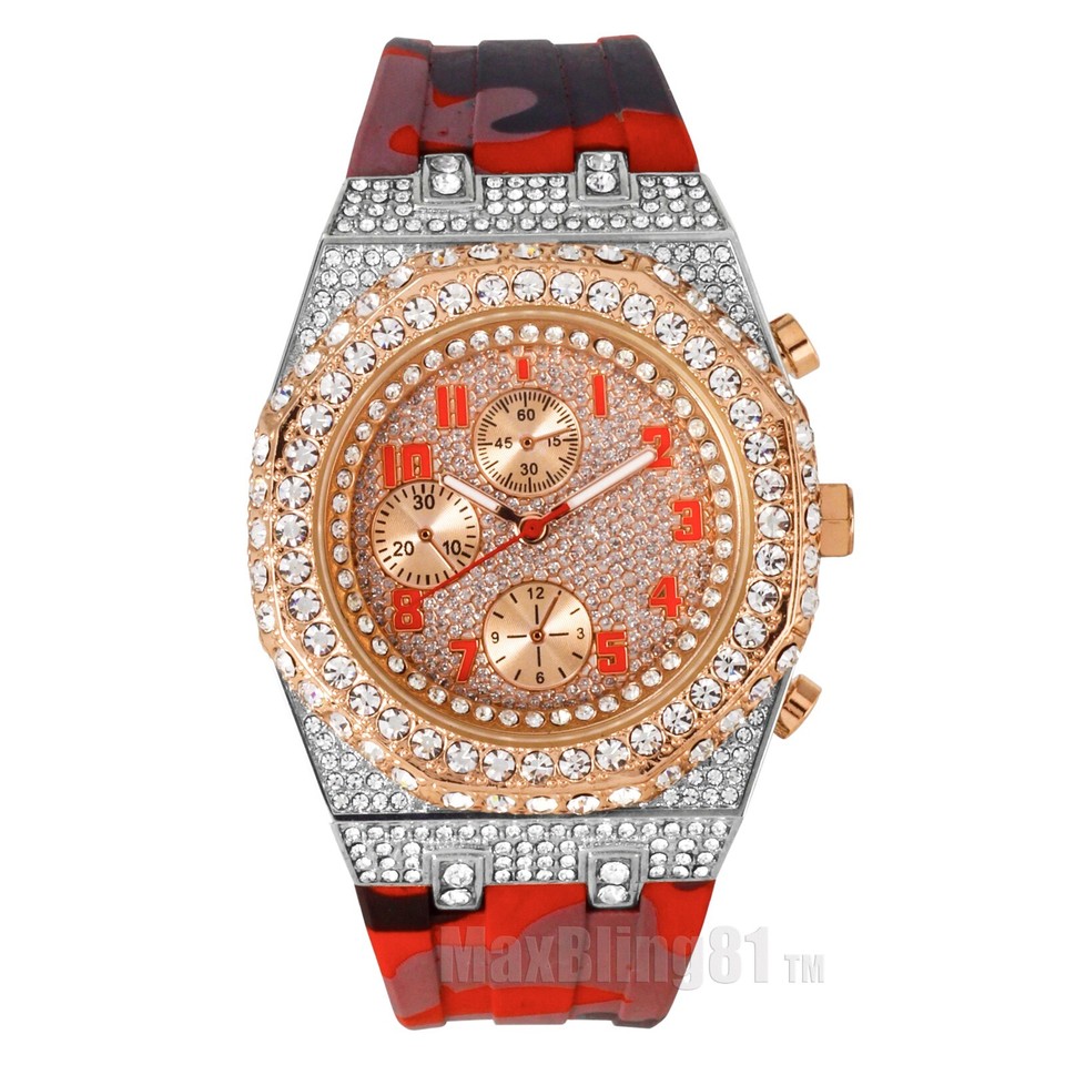 HIP HOP ICED SILICONE BAND LUXURY SIMULATED DIAMOND BLING OCTAGON BEZEL ...