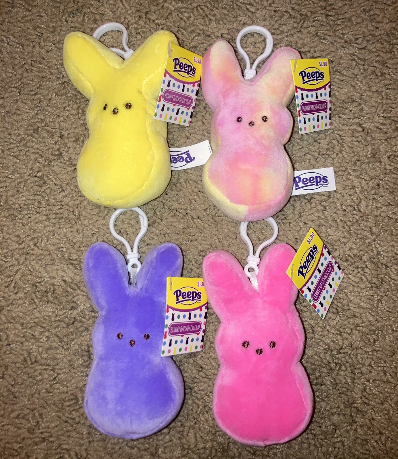 Peeps Plush Bunny 4” Backpack Clip Set of 4 Rainbow Pink Purple Yellow ...