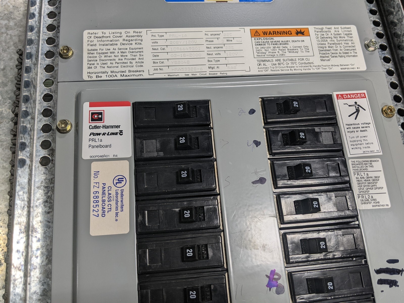 Cutler Hammer PRL1A Pow-R-Line Panelboard 225 AMP 208Y/120VAC 3 Phase ...