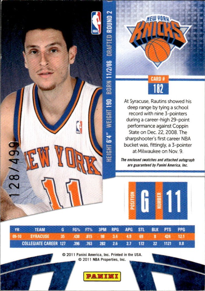 2010 PANINI ABSOLUTE ANDY RAUTINS 182 RC JERSEY BALL AUTOGRAPH 128/499 ...