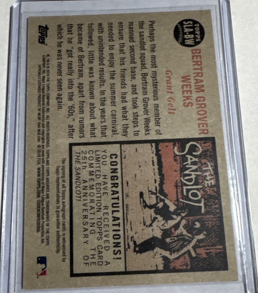 2018 Topps Archives The Sandlot Autographs SLABW Grant Gelt Bertram ...
