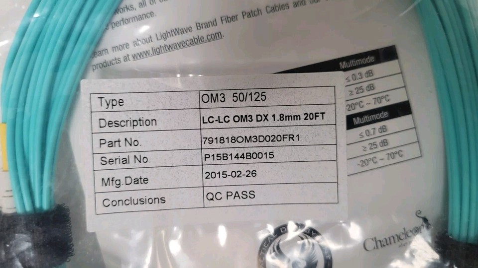 LightWave OM3 LC to LC Fiber Optic Patch Cable Duplex Multimode 50/125 ...