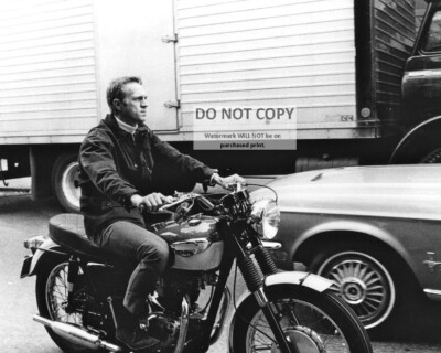 STEVE McQUEEN RIDING TRIUMPH MOTORCYCLE - 8X10 PUBLICITY PHOTO (AB888 ...