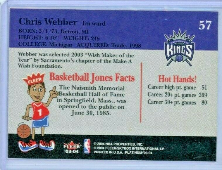 2003-04 Fleer Platinum Basketball #57 Chris Webber - Kings - Hall Of ...