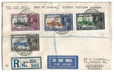 BRITISH HONDURAS 1935 Silver Jubilee set of 4 on reg airmail FDC first ...