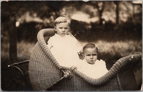 Vintage 1910s Photo RPPC Postcard Two Very Serious Babies in Wicker ...