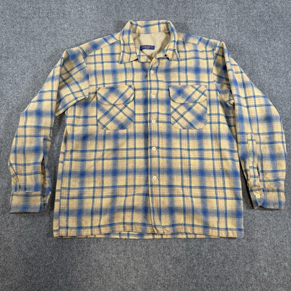 Pendleton Board Shirt Mens Large Yellow Blue Loop Collar Flap Shadow ...