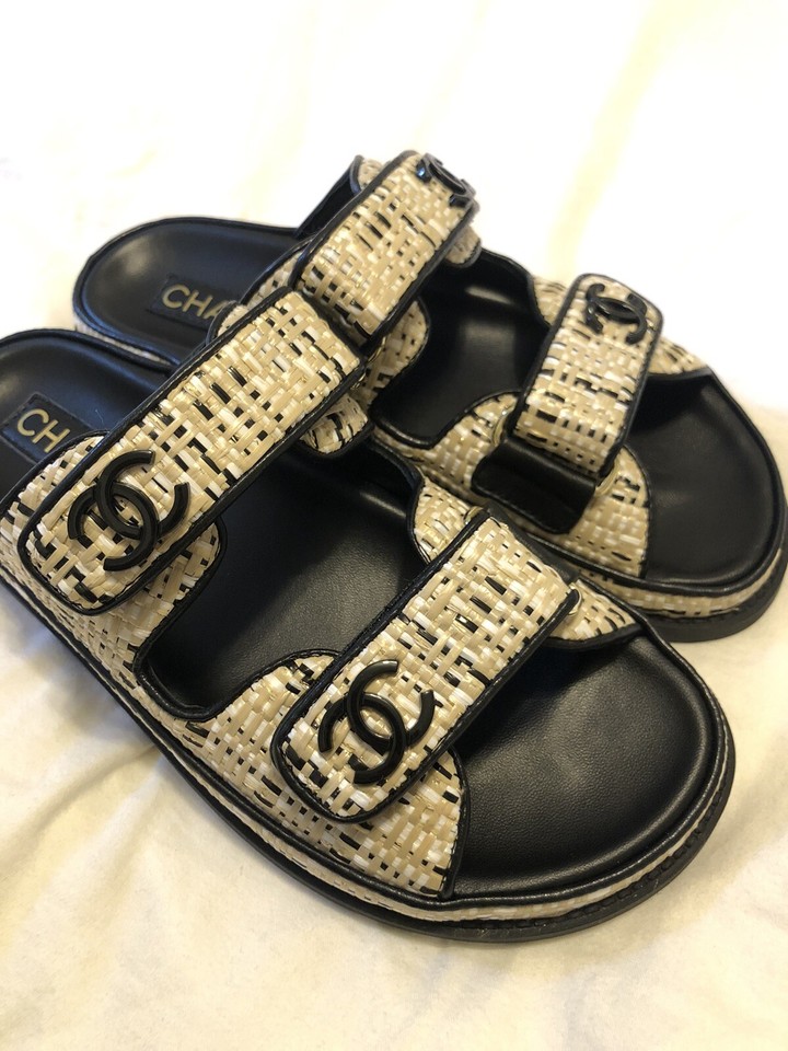 without box Chanel Raffia And Black Leather CC Logo Slides Sandals Size ...