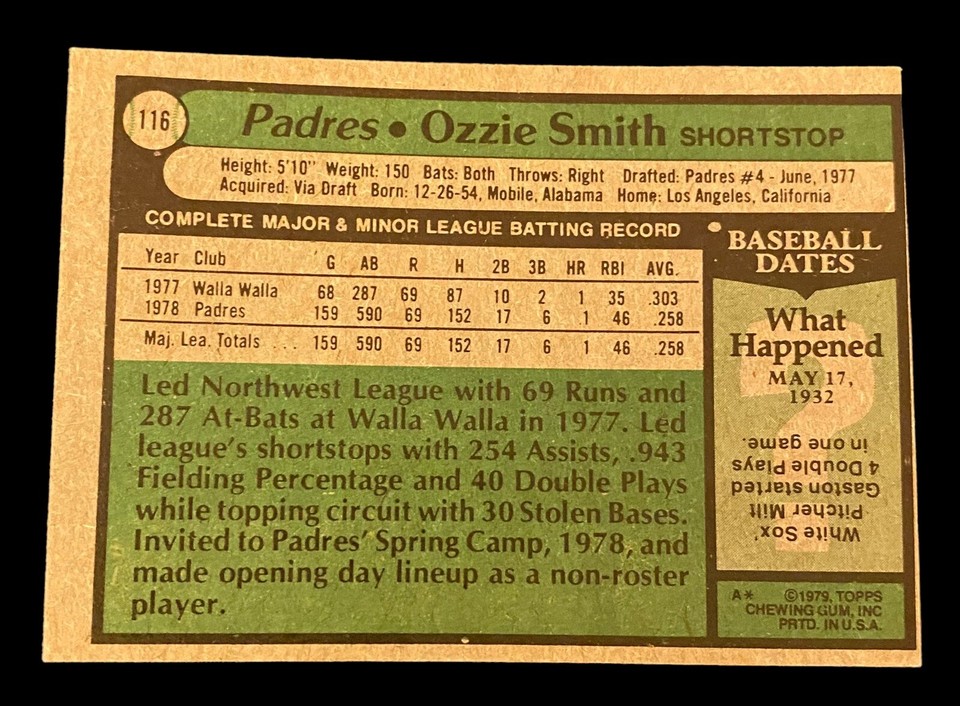 Ozzie Smith 1979 Topps Rookie Card #116 Pulled From Set Mint | eBay