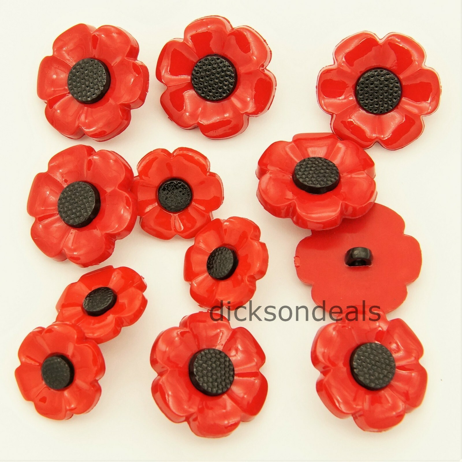 10 Poppy Flower Buttons Red & Black centre, 18mm or 22mm Shank Back for ...