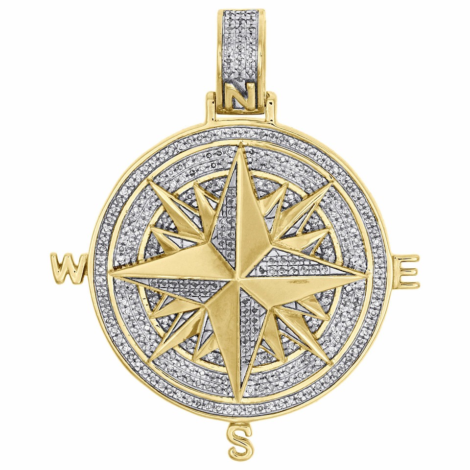 REAL GOLD REAL DIAMONDS 10K Yellow Gold Compass Pendant Medallion Charm ...