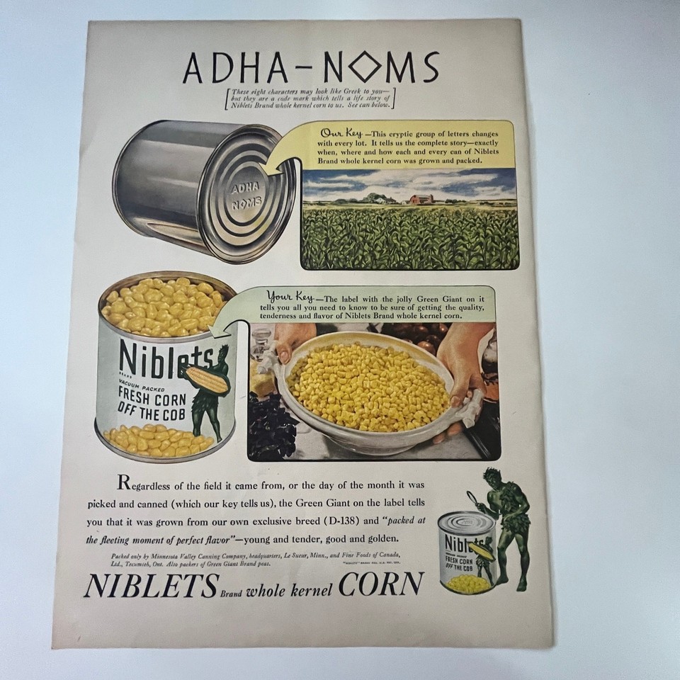 Niblets Fresh Corn on the Cob Whole Kernel Corn 1940s WWII Era Ad SV29 ...
