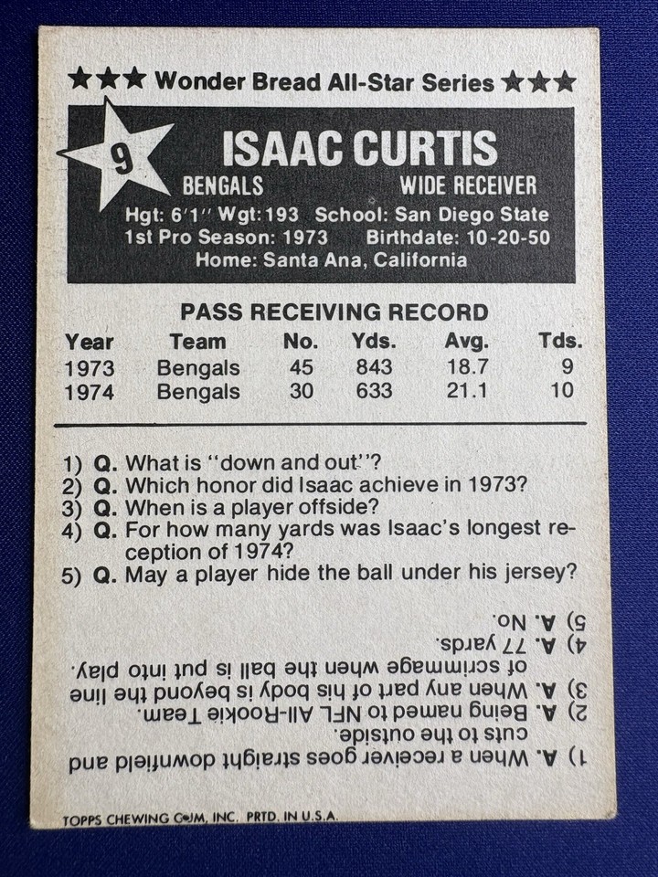 🔥 1975 Wonder Bread #9 Isaac Curtis – Cincinnati Bengals – EX+ ...