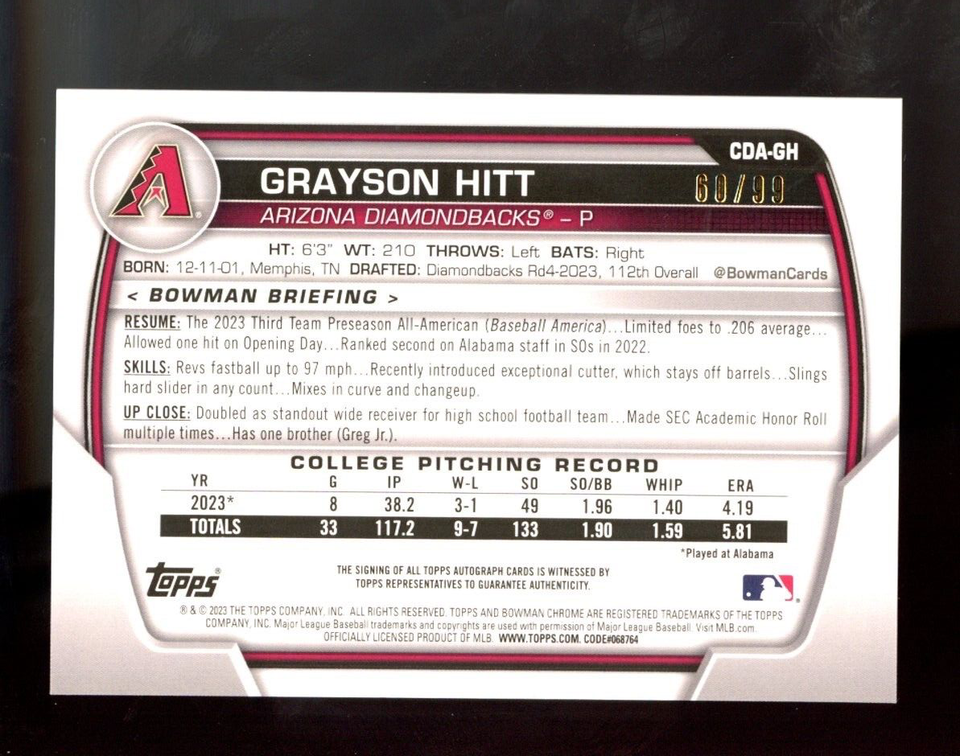 Grayson Hitt 2023 Bowman Draft Chrome Green Lava /99 Prospect Auto CDA ...