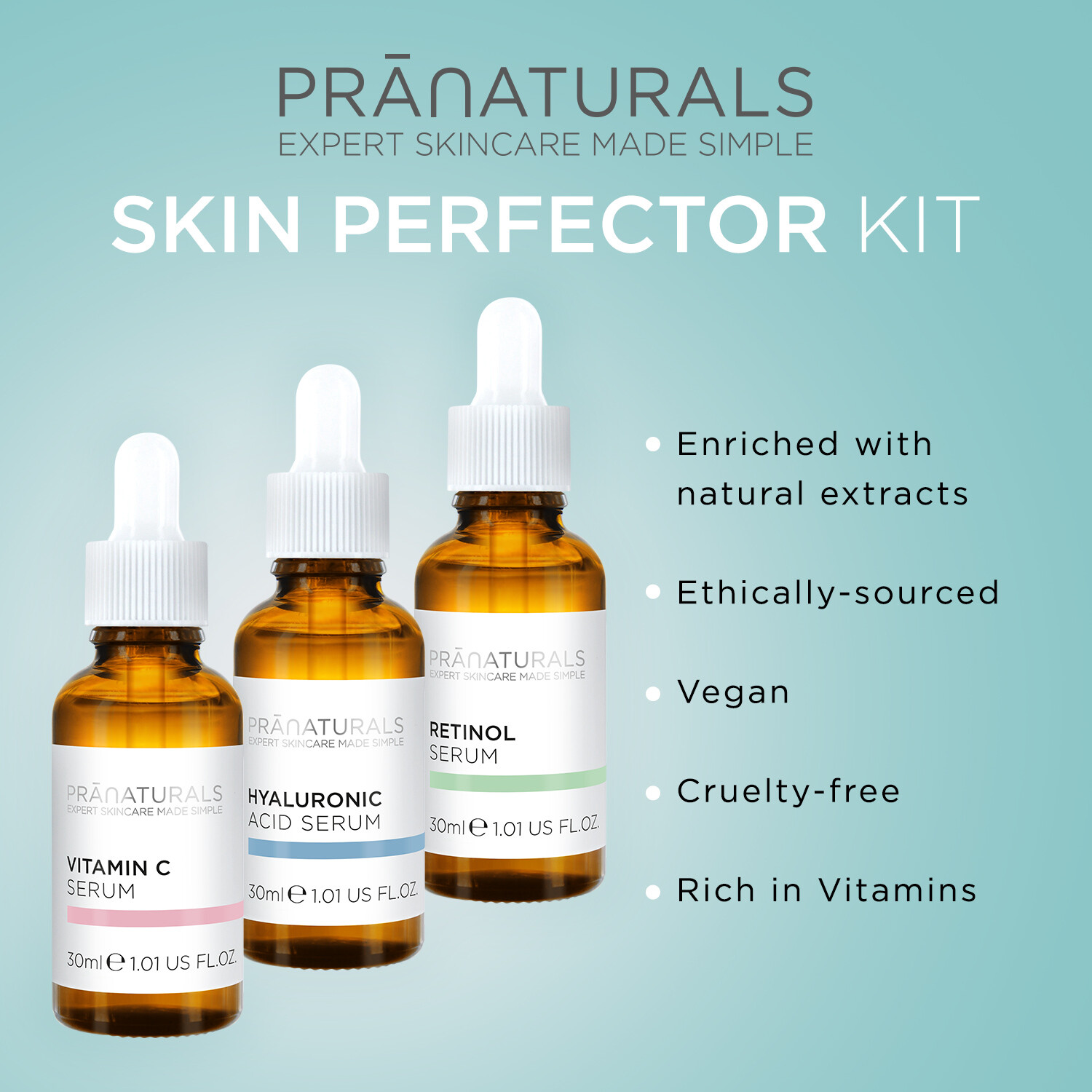 PraNaturals Skin Care Face Serums Kit 3x30ml Hyaluronic Acid Retinol ...