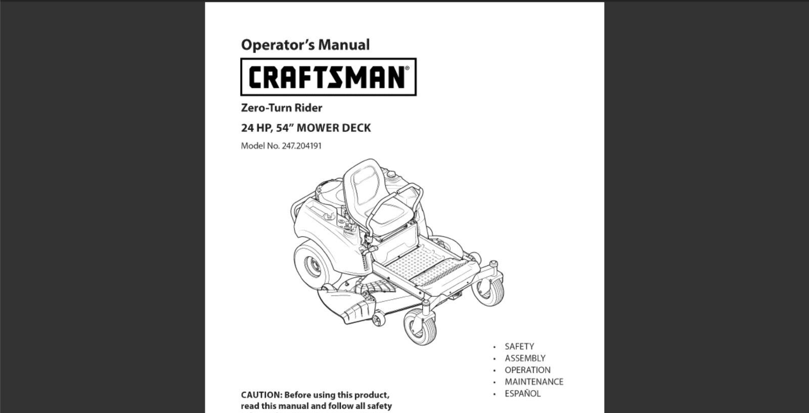 Craftsman Model 247.204191 Zero Turn Rider Maintenance & Owner's Manual ...