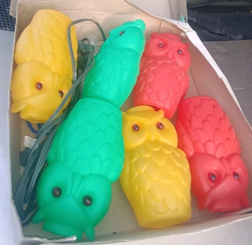 6 vintage plastic blow mold owl string lights RV patio porch decor NOMA ...