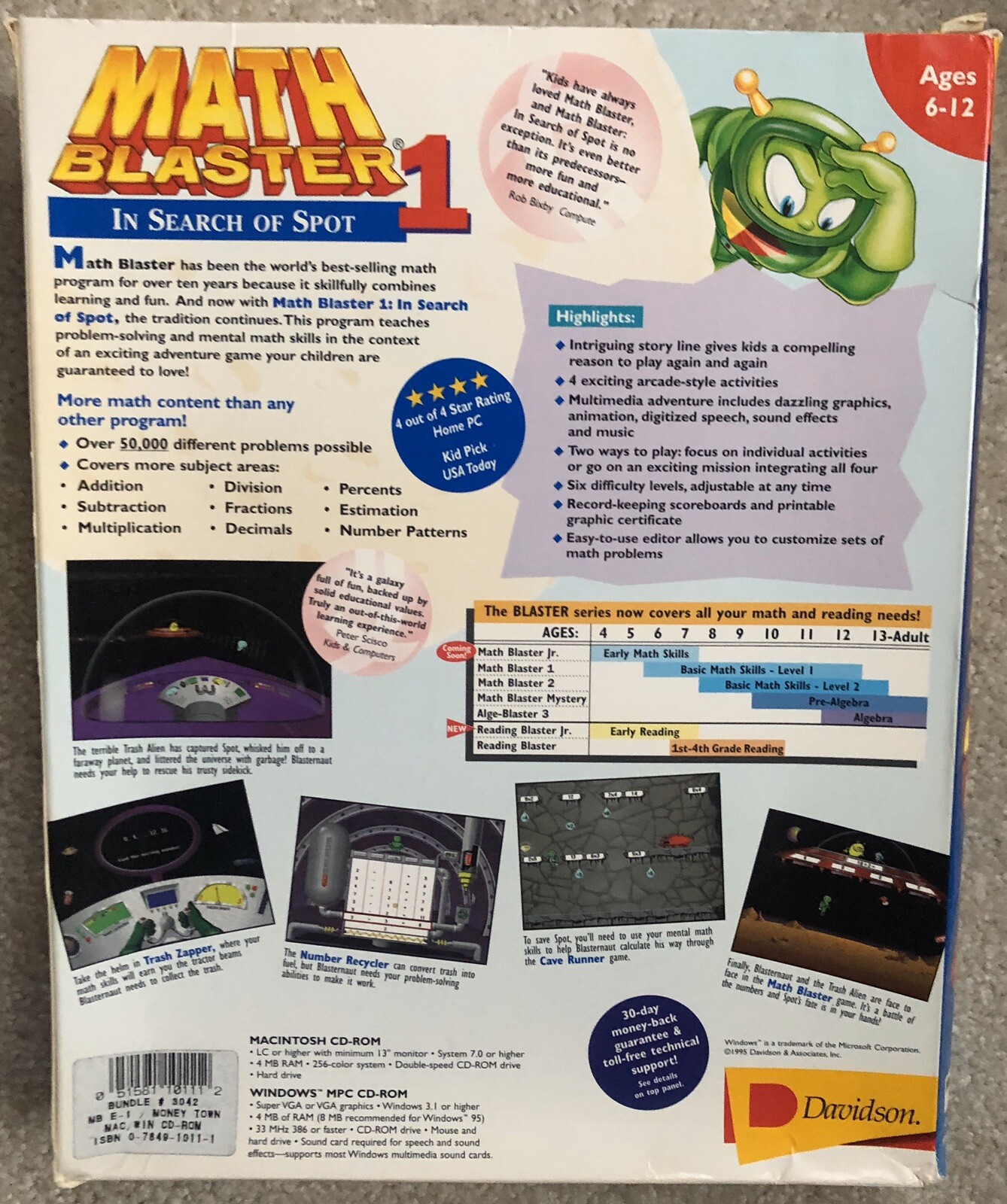 Davidson Math Blaster 1 CD-ROM PC Kids Computer Game in Original Big ...