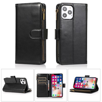 Luxury Wallet Card ID Zipper Money Holder Case Cover Black For Samsung ...