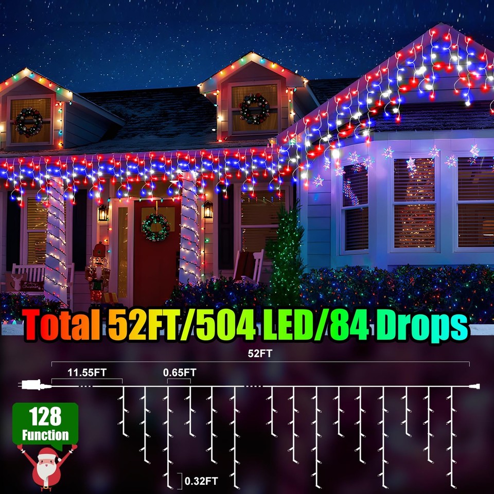 FLVOECN RGB Ice Lights Outdoor, 52FT 504 LED Color Changing Christmas ...