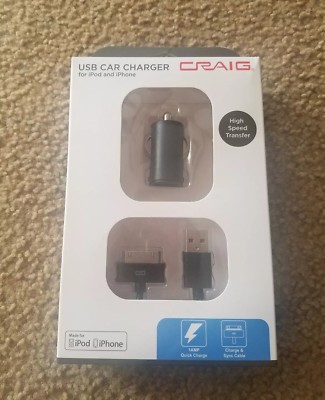 Craig USB Car Charger iPod iPhone 3.3' Charge And Sync Cable 1 Amp BNIB ...
