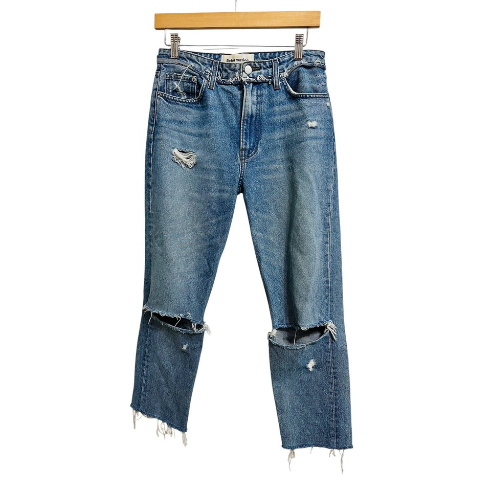 Reformation Cropped Cigarette savu jeans Distressed Ripped Knee Denim ...