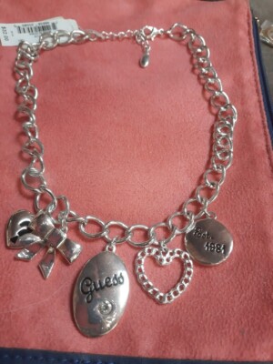 Guess Heart & Bow Charm Chain Necklace Silver Tone Inlay & Rhinestone ...