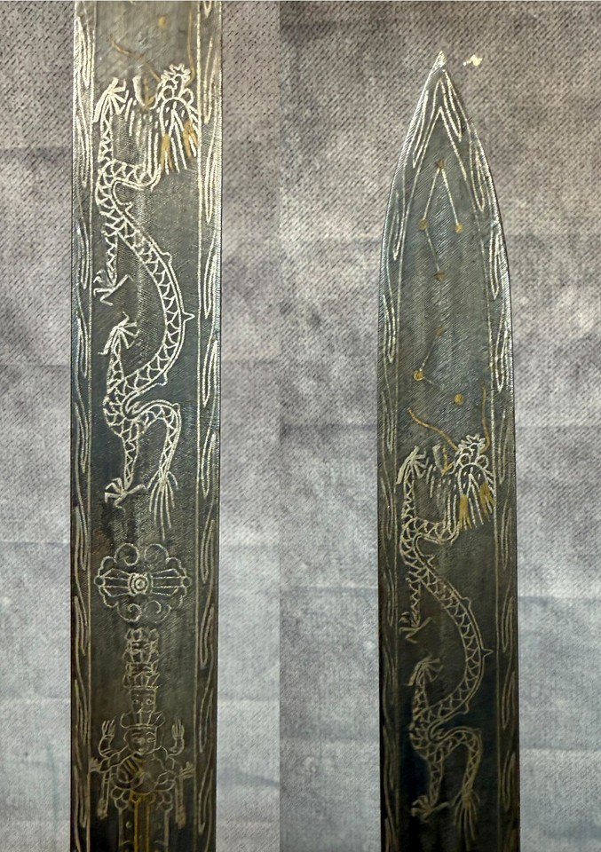 Antique 19th Cent Double Chinese Daoist Jian Sword Deities Dragon Qing ...