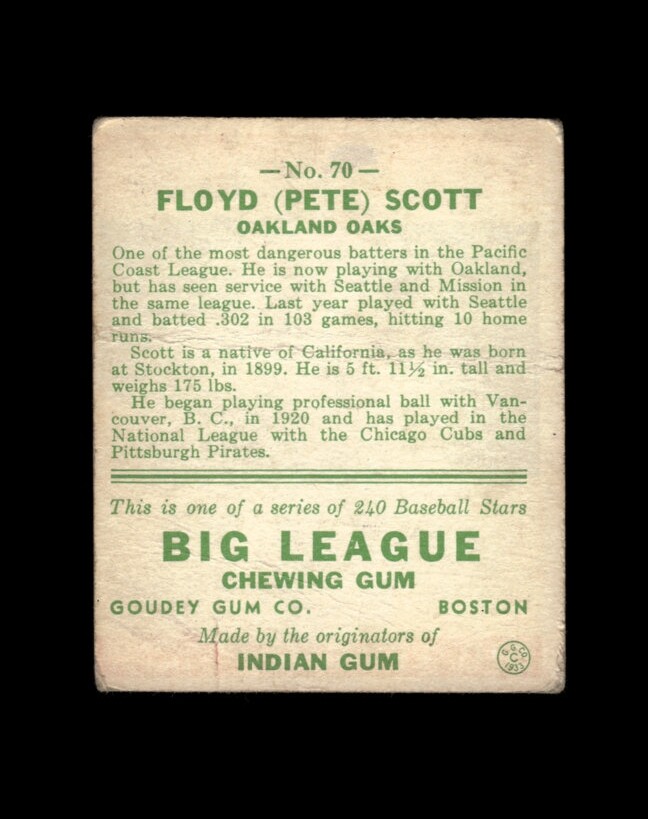 1933 Goudey Set-Break # 70 Floyd (Pete) Scott LOW GRADE (crease ...