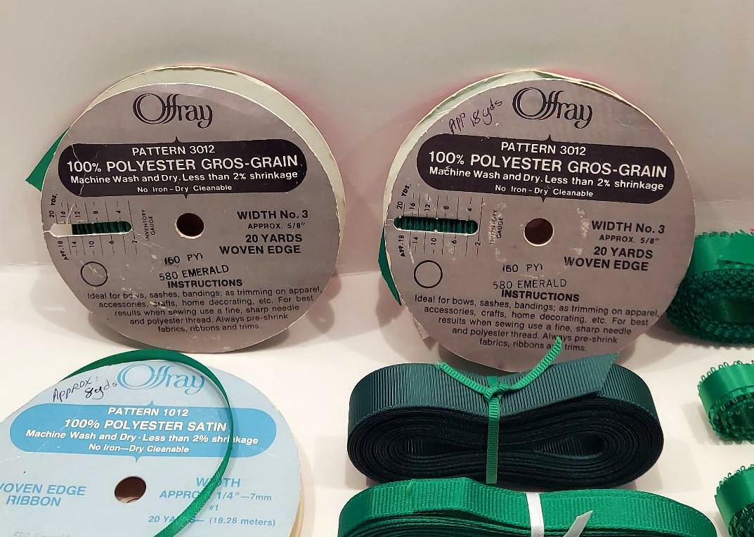 Lot of 75+ Yds GREEN RIBBON Satin Grosgrain Feather-Edge Various Widths ...