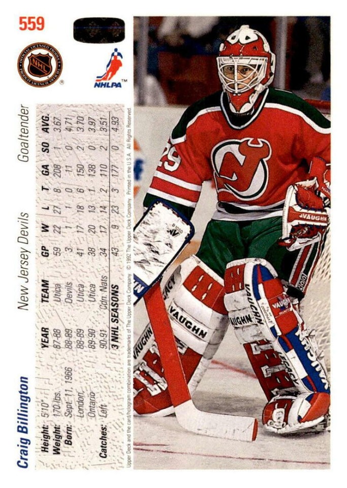 1991-92 Upper Deck #559 Craig Billington NM Near Mint RC Rookie NJ ...