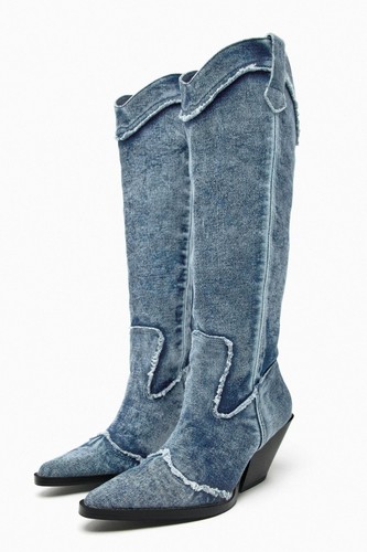 Womens Fashion Frayed Washed Denim Pointy Toe Block Heel Western Boots ...
