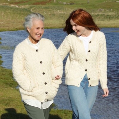 Aran Irish Cardigan Sweater Merino Wool Women's Button Cable Knit ...