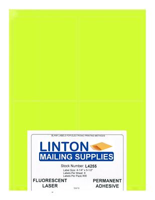 Fluor. Yellow Stick-on Labels, 4-1/4" x 5-1/2", 4 Per Sht (8.5"x 11 ...