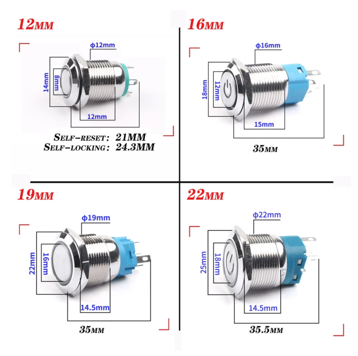 Drucktaster Druckschalter 4 Pin KFZ LED 12V 24V 220V 3A Ø 12mm 19mm ...